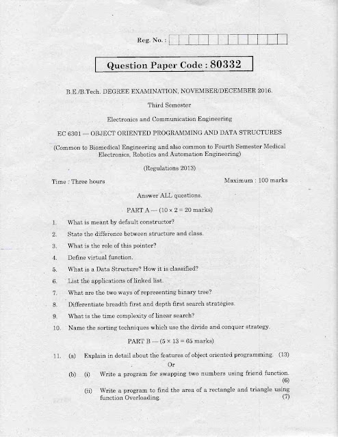 Anna University Ec 6301 Object Oriented Programming And Data Structures For Electronics And
